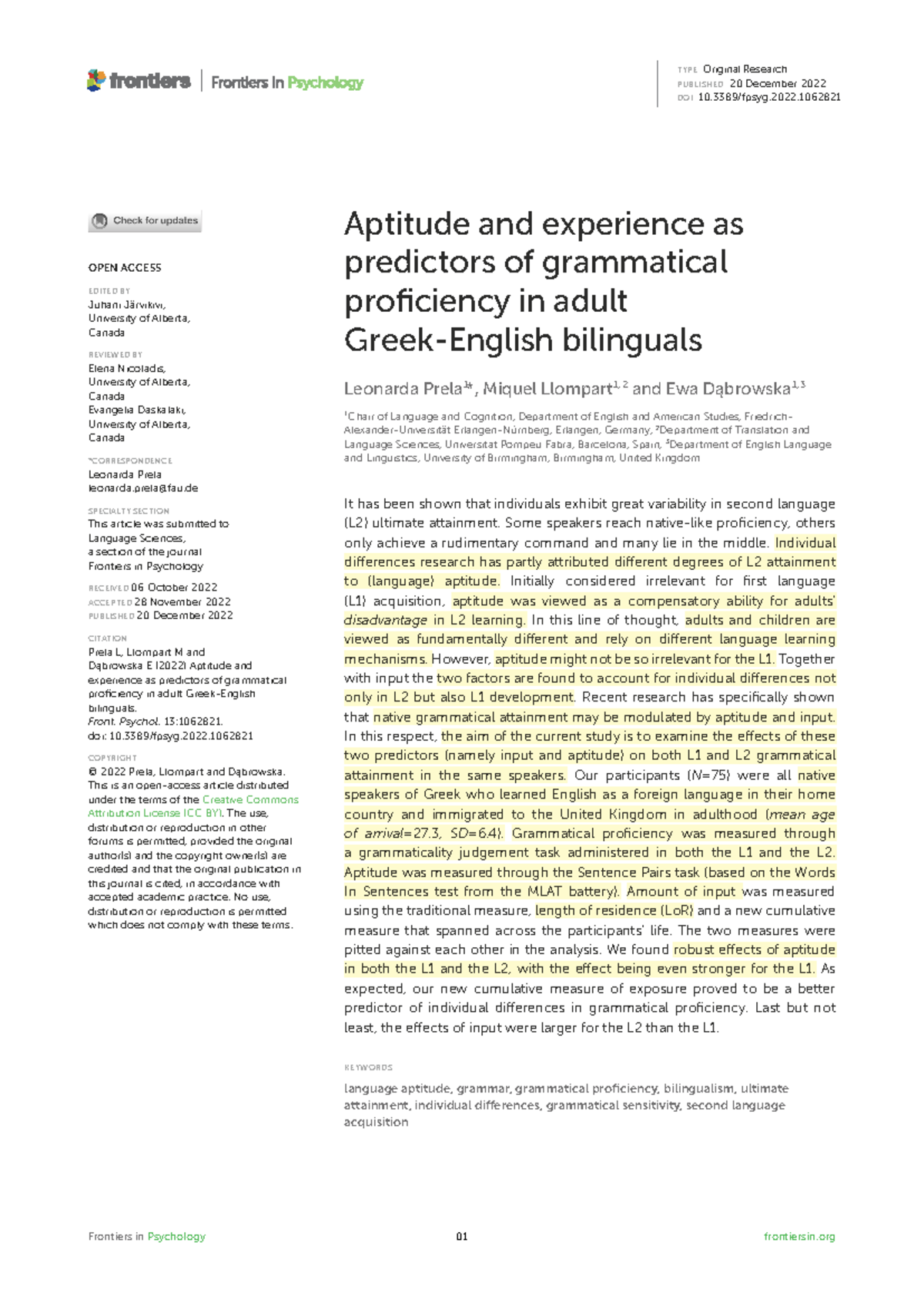 Prela et al. 2022 - Aptitude and experience as predictors of ...