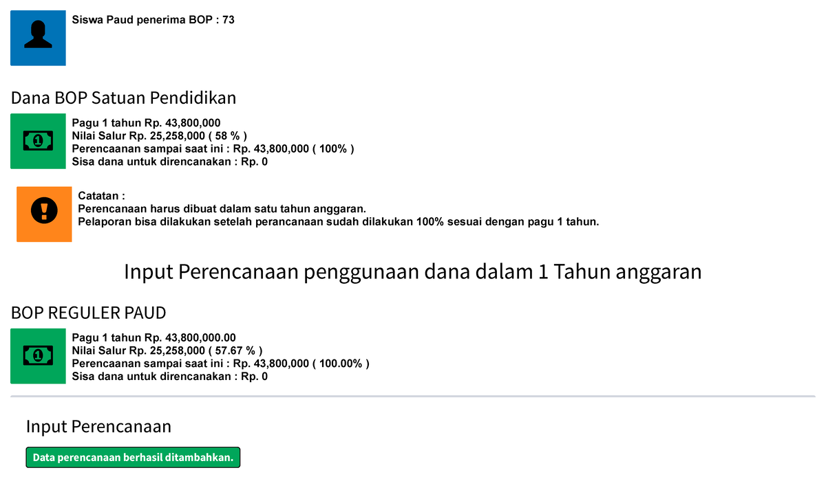 Laporan Penginputan Perencanaan BOP TK LAUT Timur DI WEB BOP - Siswa Paud penerima BOP : 73 Dana ...