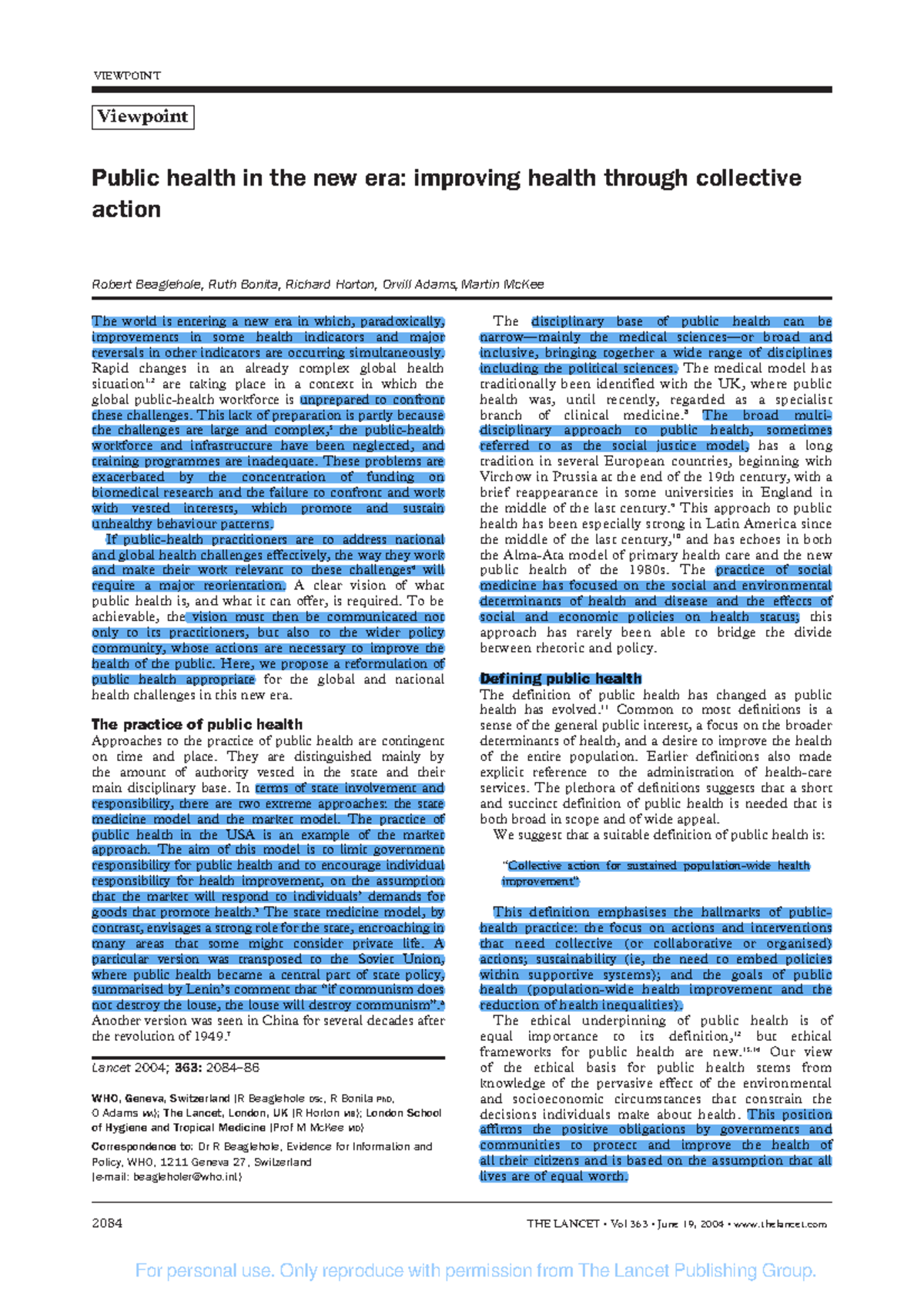 Public health in the new era - For personal use. Only reproduce with ...