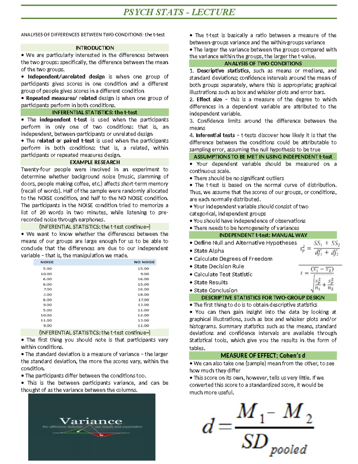 Psych Stats Chapter 6 - PSYCH STATS - LECTURE ANALYSES OF DIFFERENCES ...