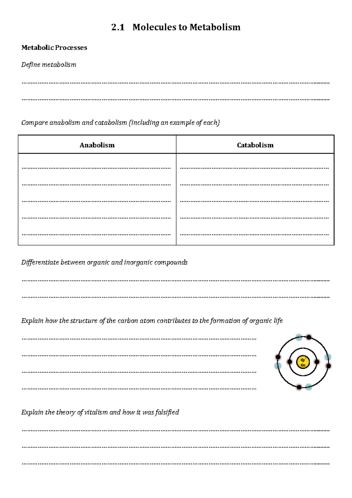 A. Metabolism Worksheet - 2 Molecules to Metabolism Metabolic Processes ... A. Metabolism Worksheet - 2 Molecules to Metabolism Metabolic Processes ...