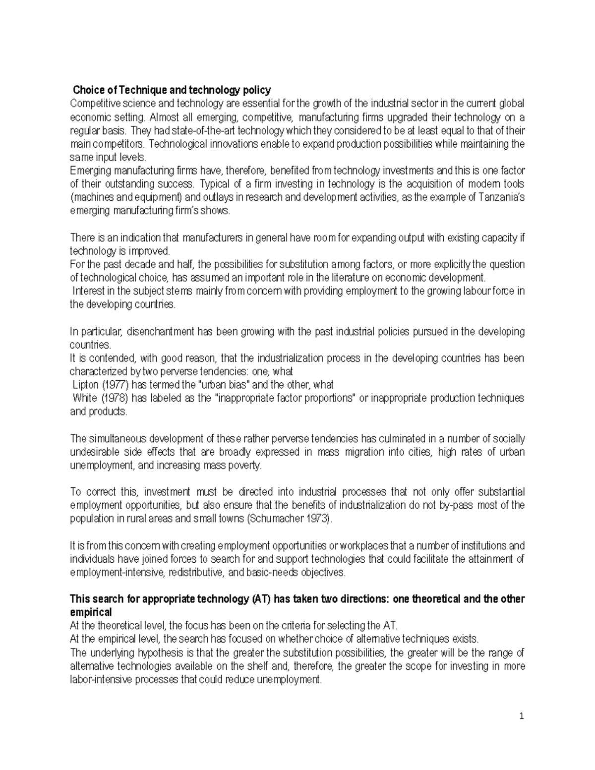 Choice of Technique and technology policy - Choice of Technique and ...