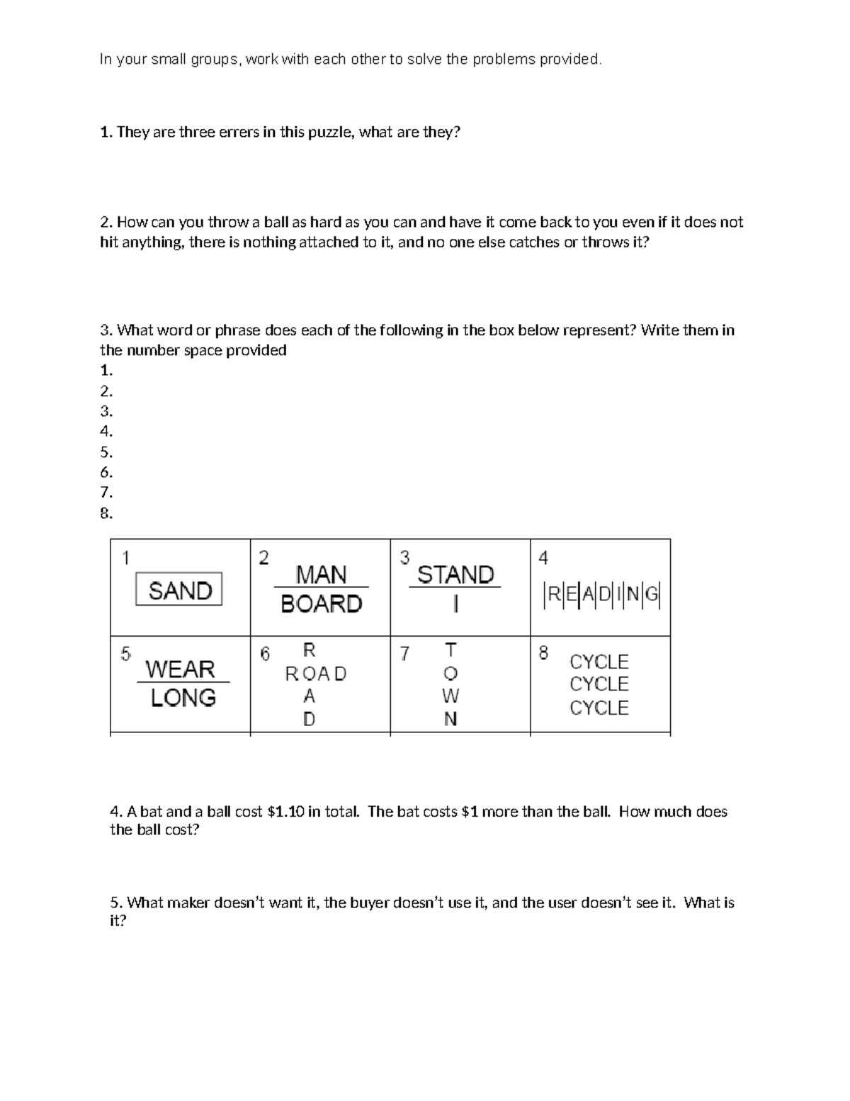 Mind Games Brain Teasers Puzzles - In your small groups, work with each ...