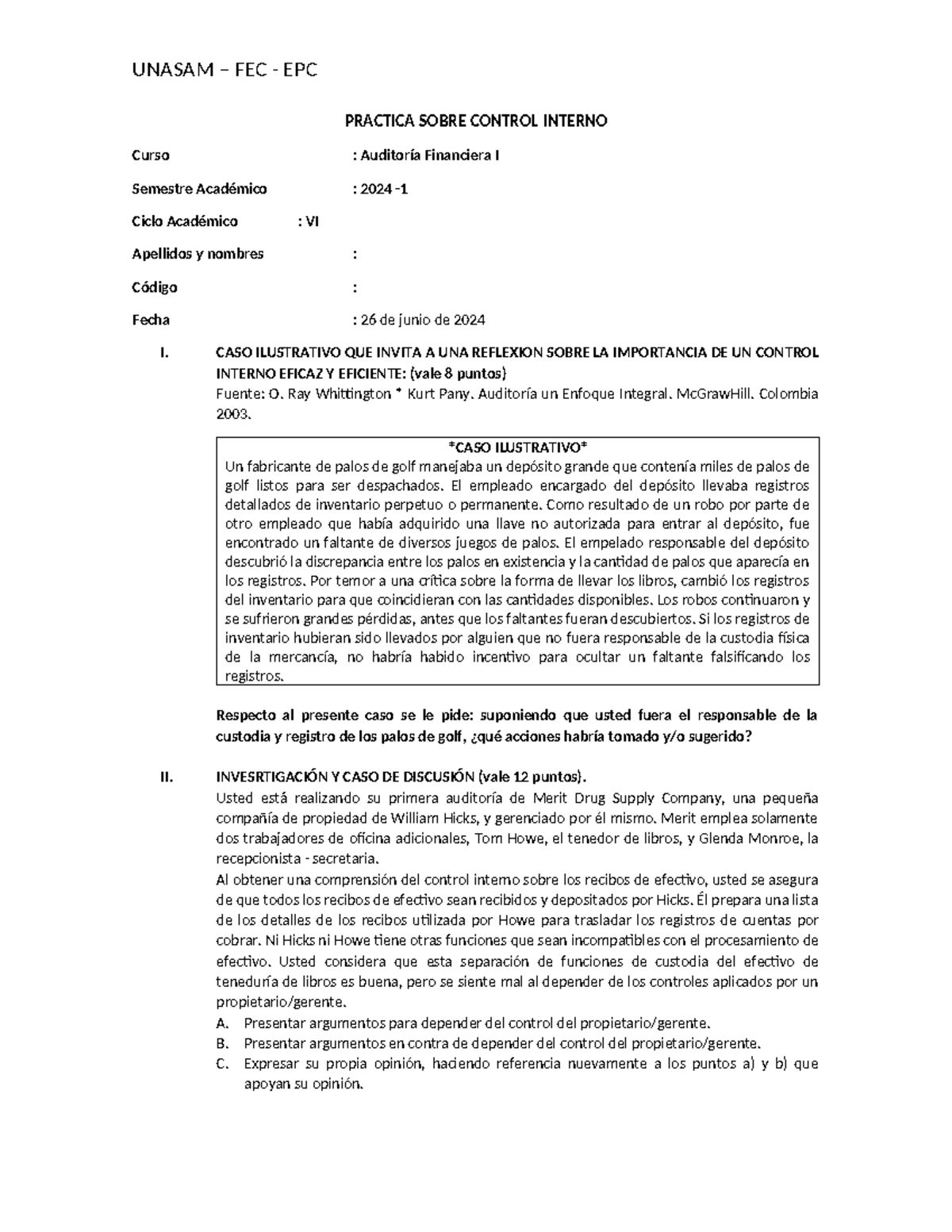 Practica Sobre Control Interno - UNASAM – FEC - EPC PRACTICA SOBRE ...