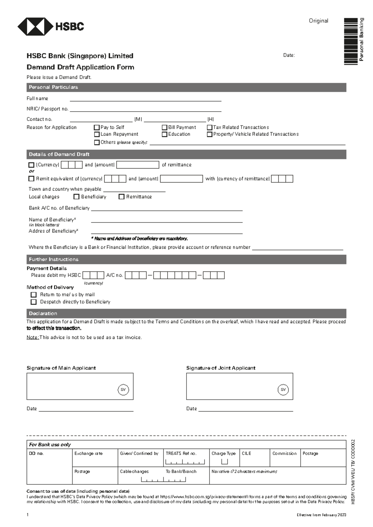 Demand draft application form - HBSP/ CVM/ WEL/ TB/ CODD HSBC Bank ...
