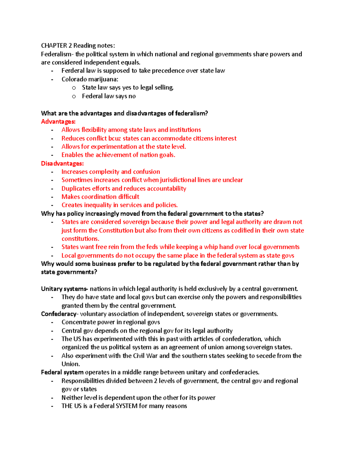 Chapter 2 Reading notes - CHAPTER 2 Reading notes: Federalism- the ...