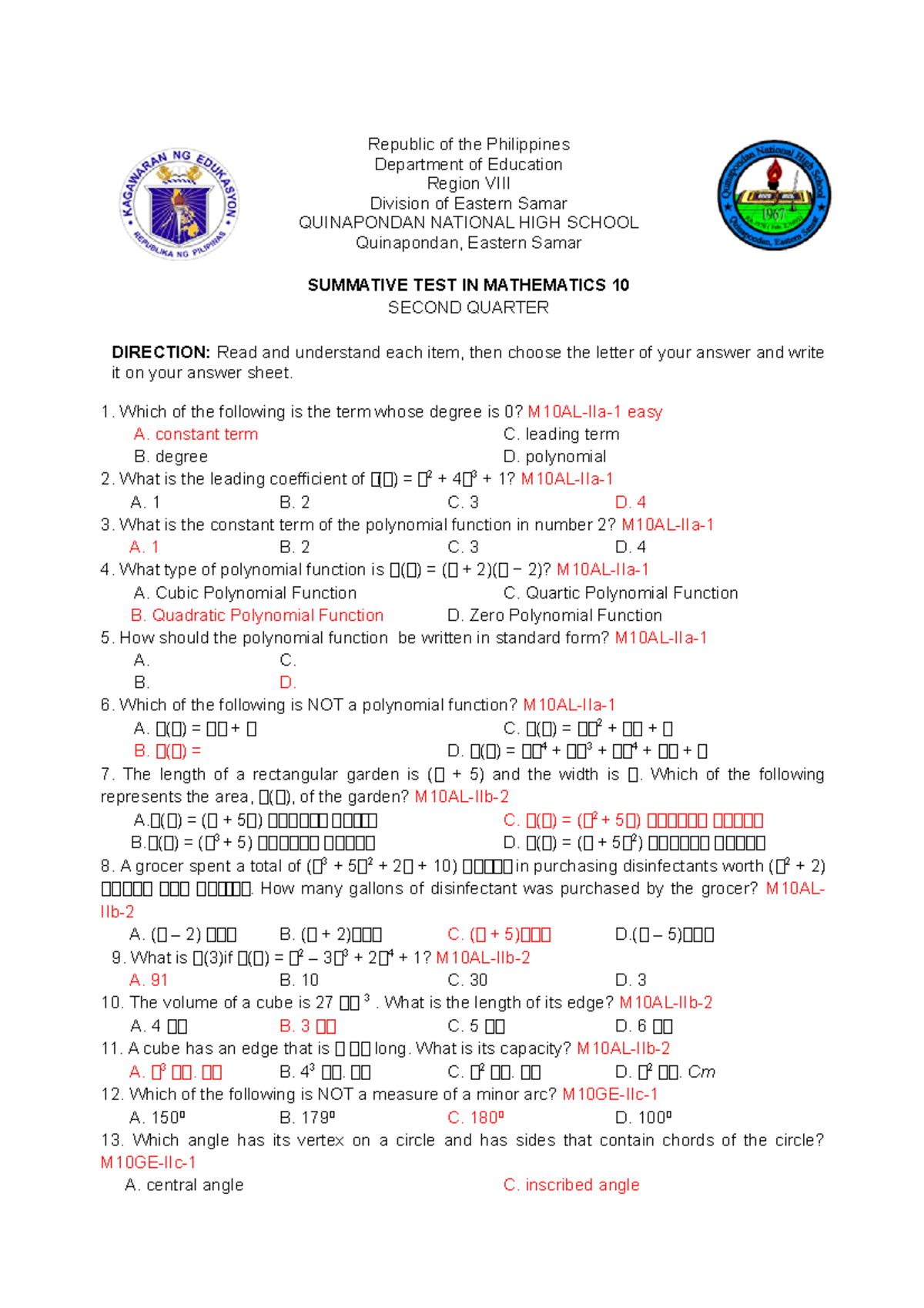 Summative Exam in Grade 10 Math Quarter 2 - Republic of the Philippines Department of Education ...