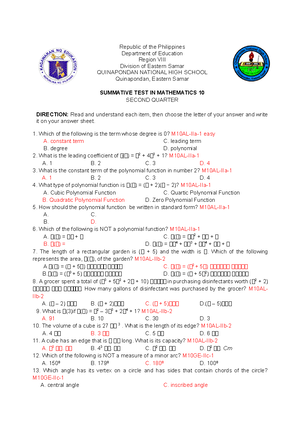 Summative Exam in Grade 10 Math Quarter 1 - QUINAPONDAN NATIONAL HIGH ...