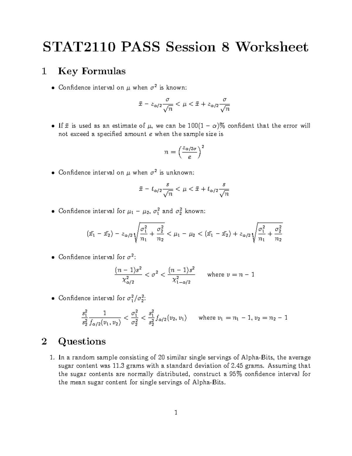 STAT2110 PASS Session 8 Worksheet - STAT2110 PASS Session 8 Worksheet 1 ...