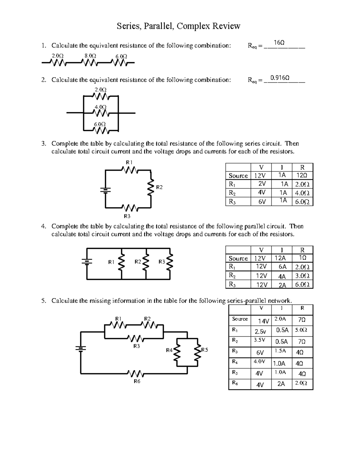 WS - Combination Circuits - Series, Parallel, Complex Review 1 ...
