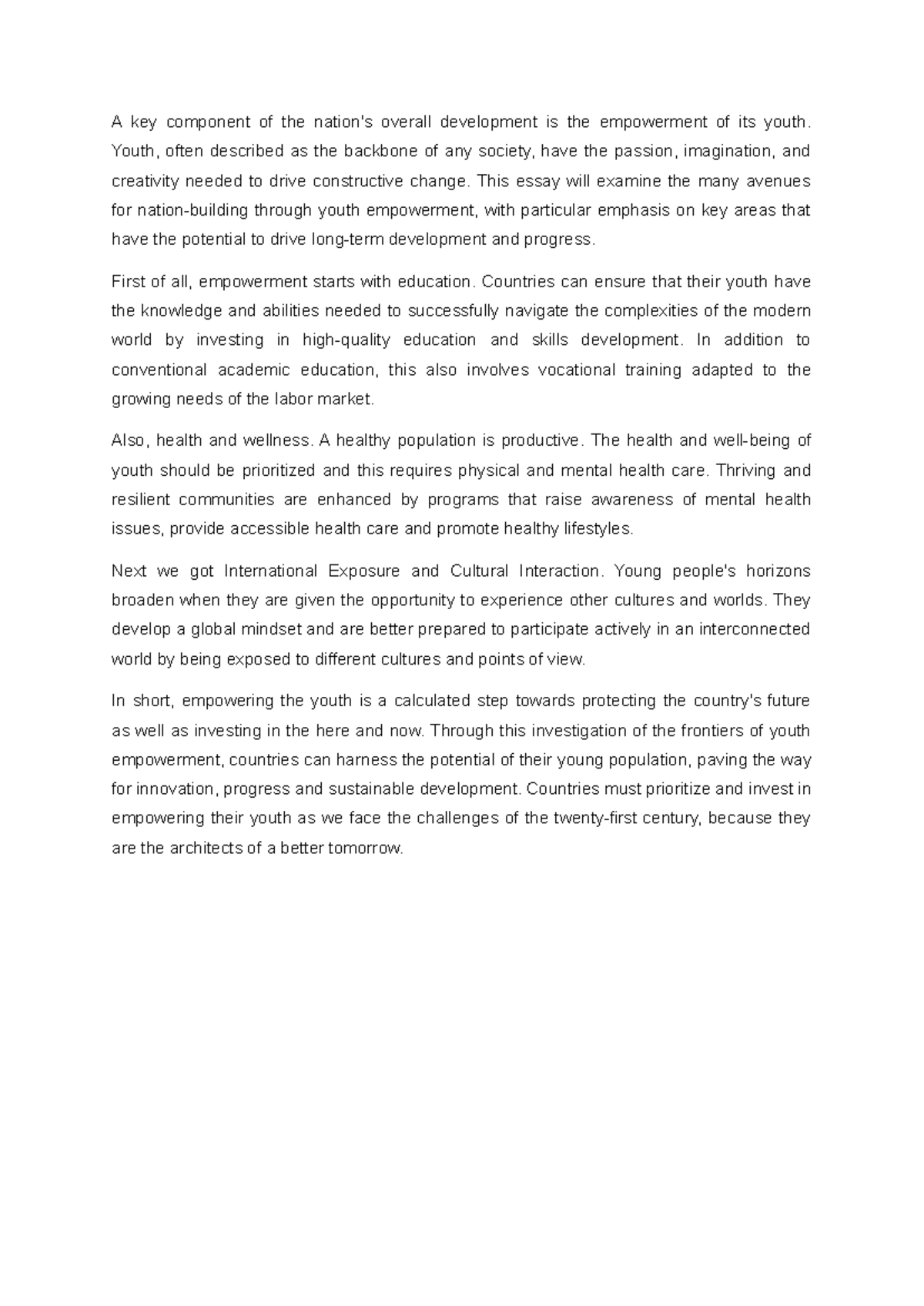 Essay - ..... - A key component of the nation's overall development is ...