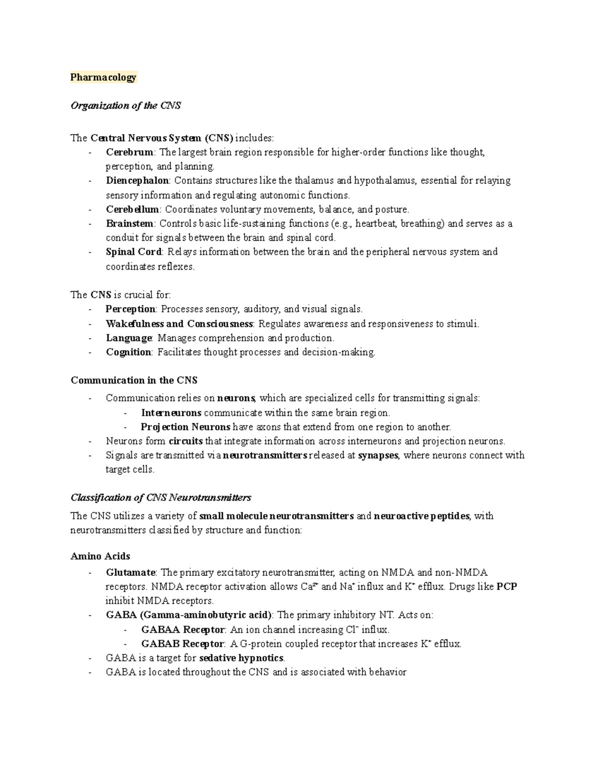 Unit 5 Pharmacology - Pharmacology Organization of the CNS The Central ...