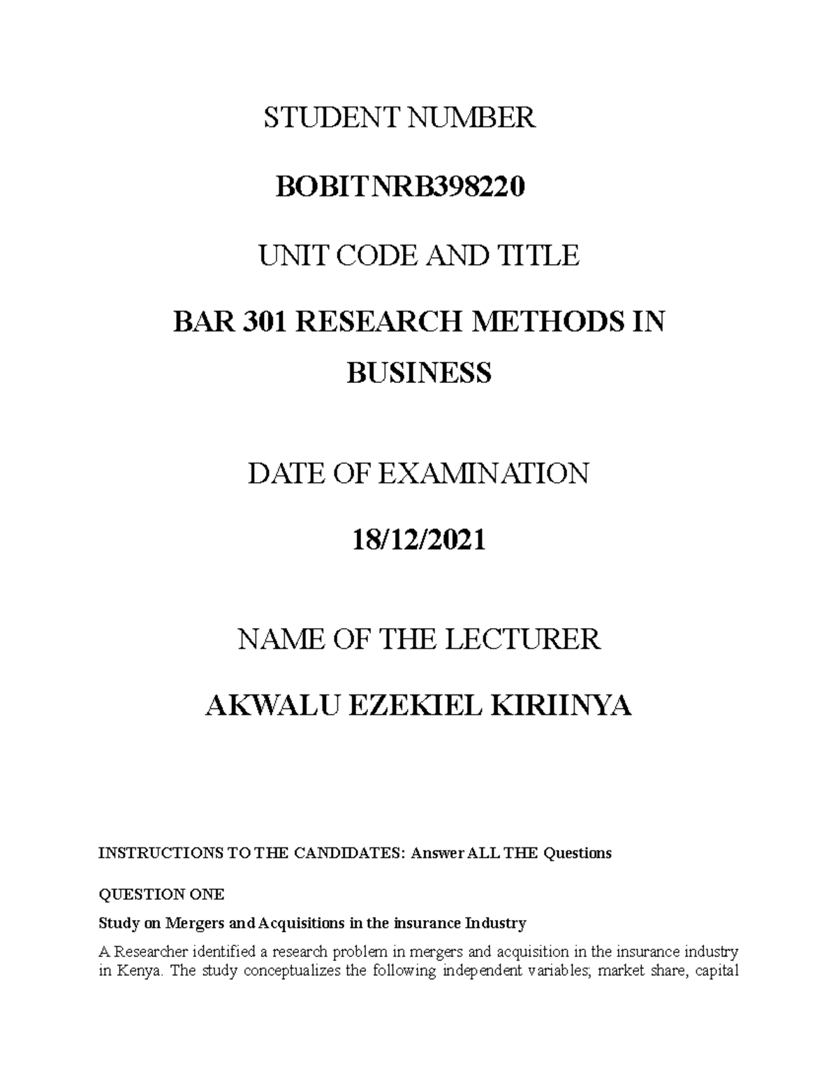 BAR 301 EXAM - HELPFUL - STUDENT NUMBER BOBITNRB UNIT CODE AND TITLE ...