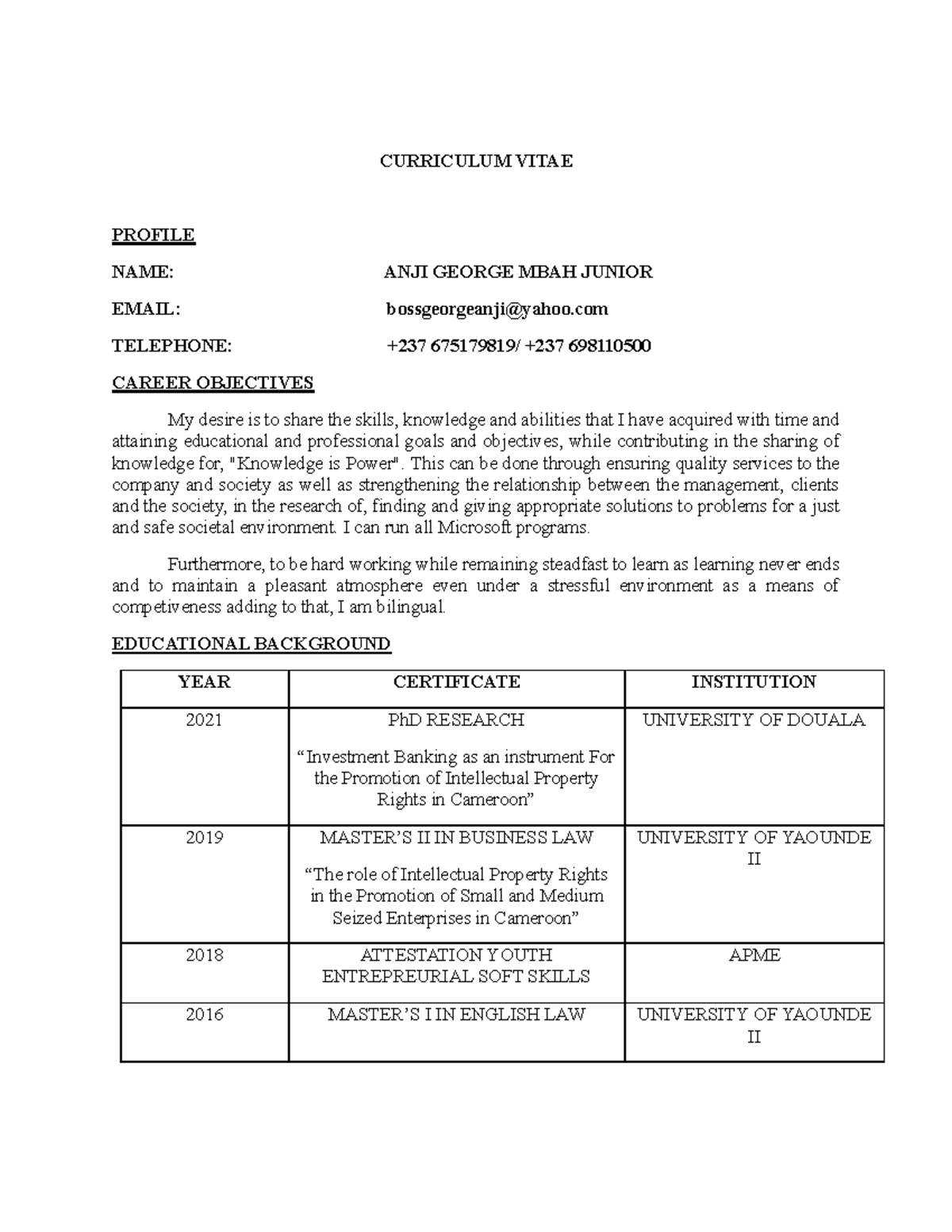 All PDF - Future - CURRICULUM VITAE PROFILE NAME: ANJI GEORGE MBAH ...