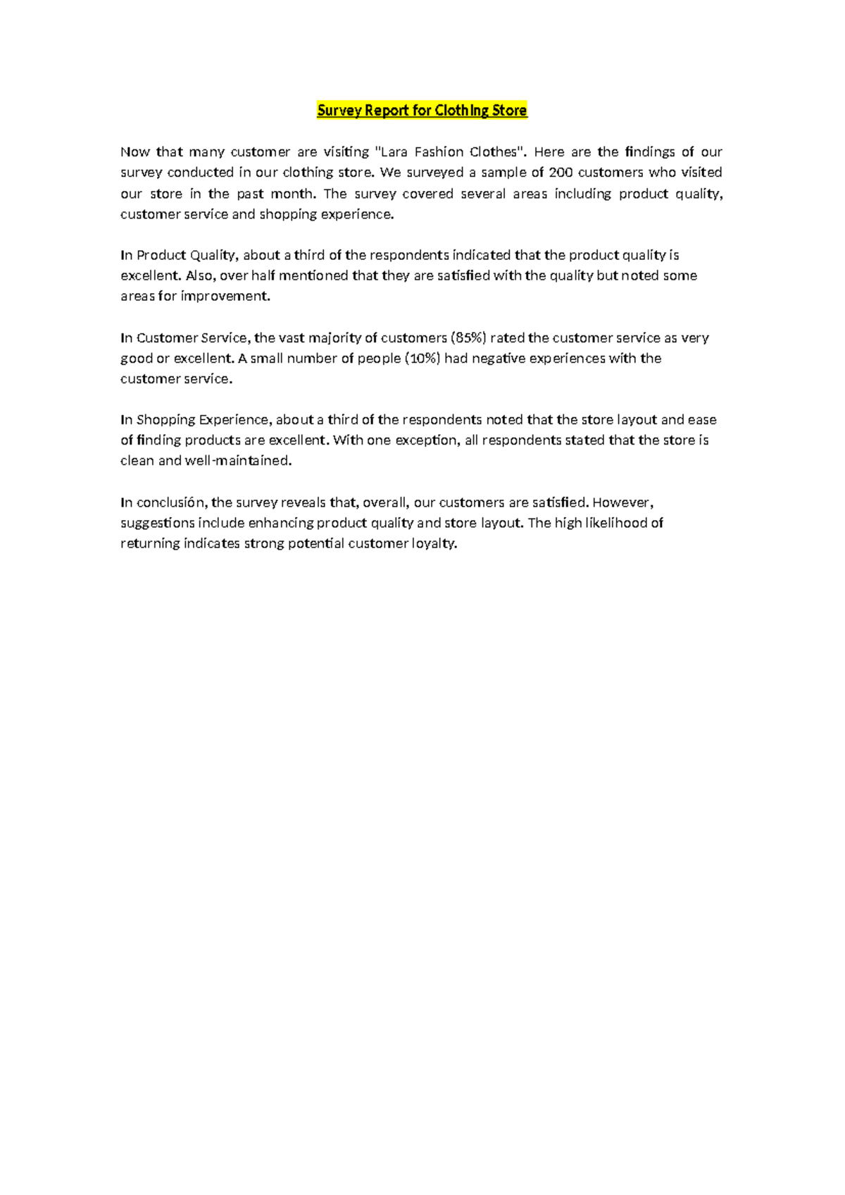 Survey Report for Clothing Store - Here are the findings of our survey ...