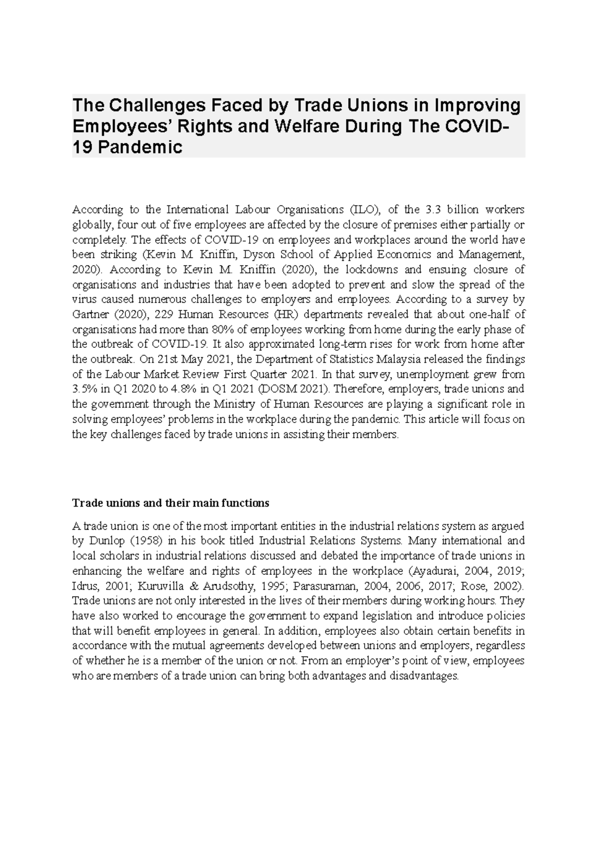 The Challenges Faced by Trade Unions in Improving Employees - The effects of COVID-19 on ...