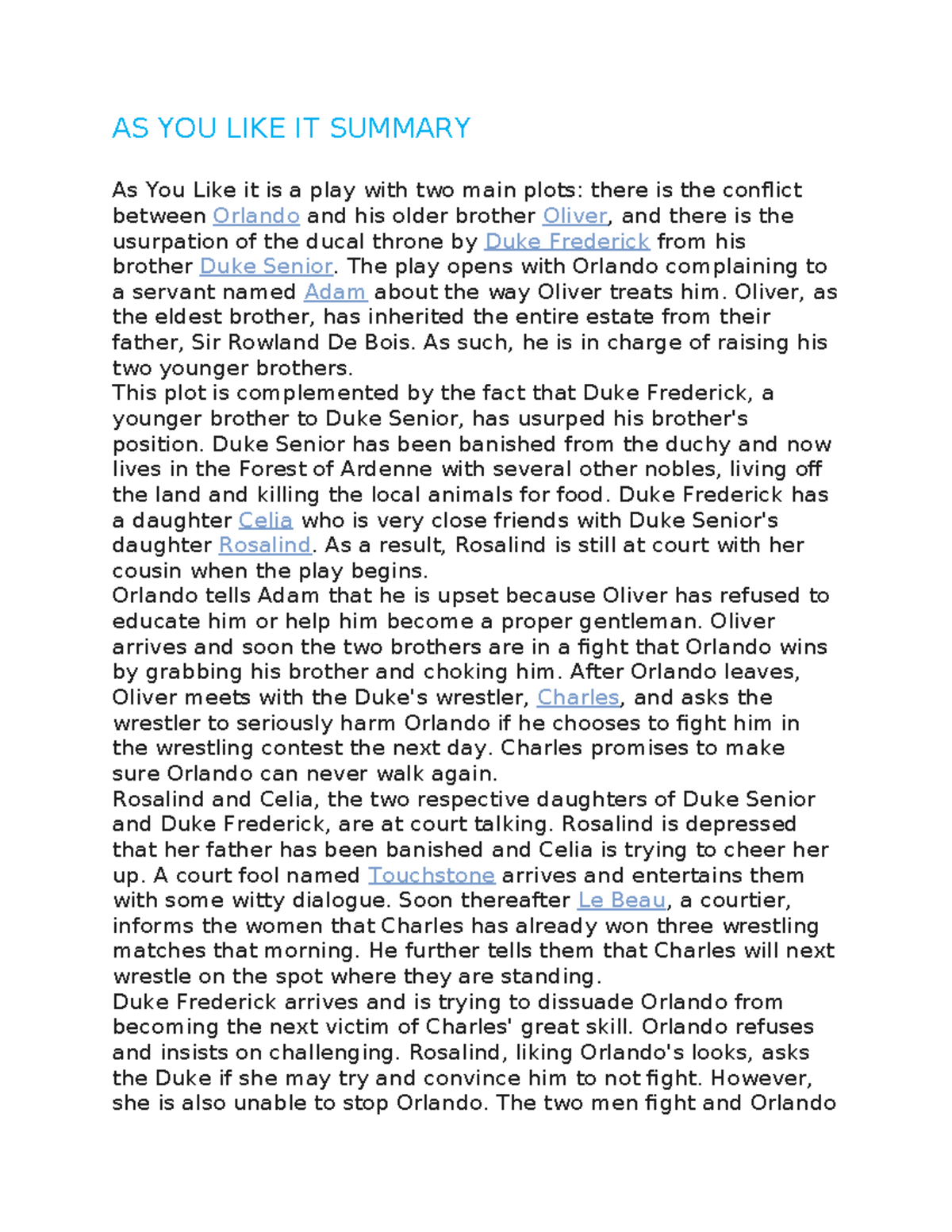 Summary of the play, you like it by William Shakespeare written - AS ...
