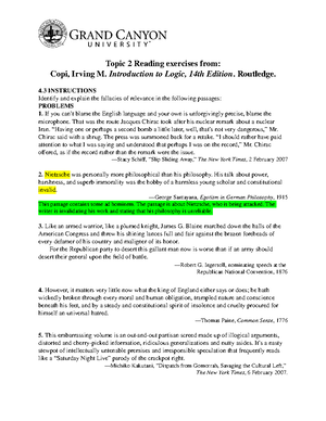 Topic 2 Reading Exercise - Topic 2 Reading exercises from: Copi, Irving M. Introduction to Logic ...