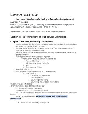 COUC 501 Ethics class notes -5 - COUC 505 class notes: - According to a ...