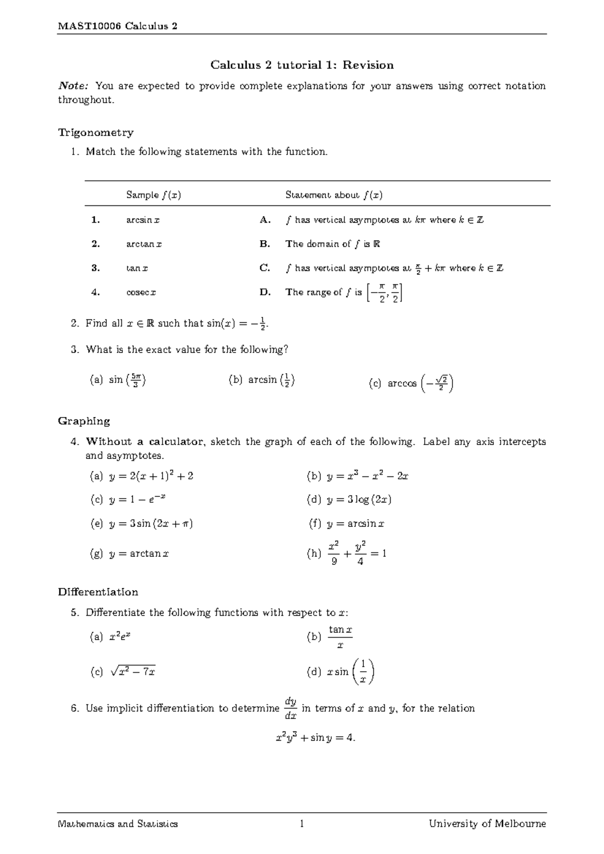 MAST10006 Tute1 - MAST10006 Calculus 2 Calculus 2 tutorial 1: Revision Note: You are expected to ...
