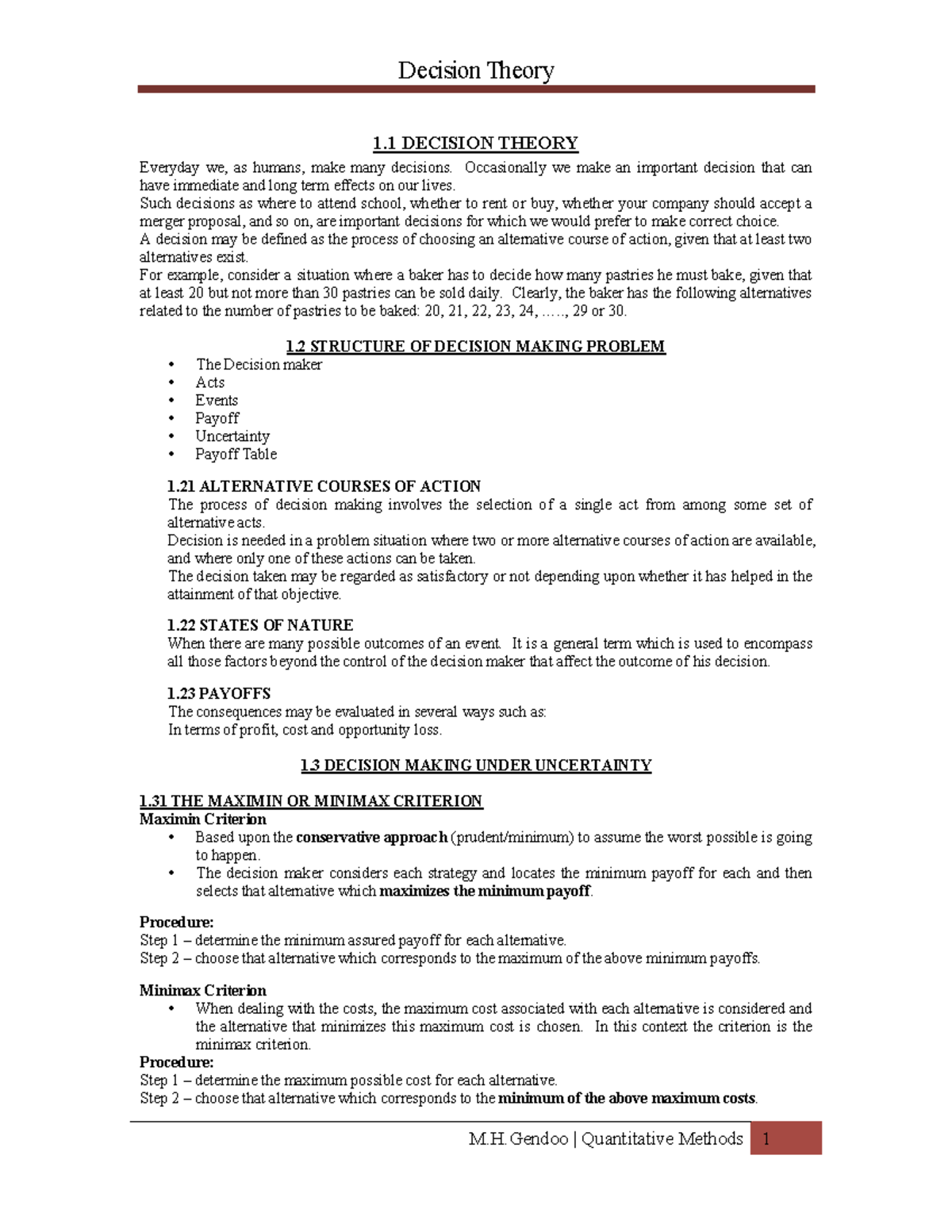 Chapter 1- Decision Theory (Student) Quantitative a - 1 DECISION THEORY ...
