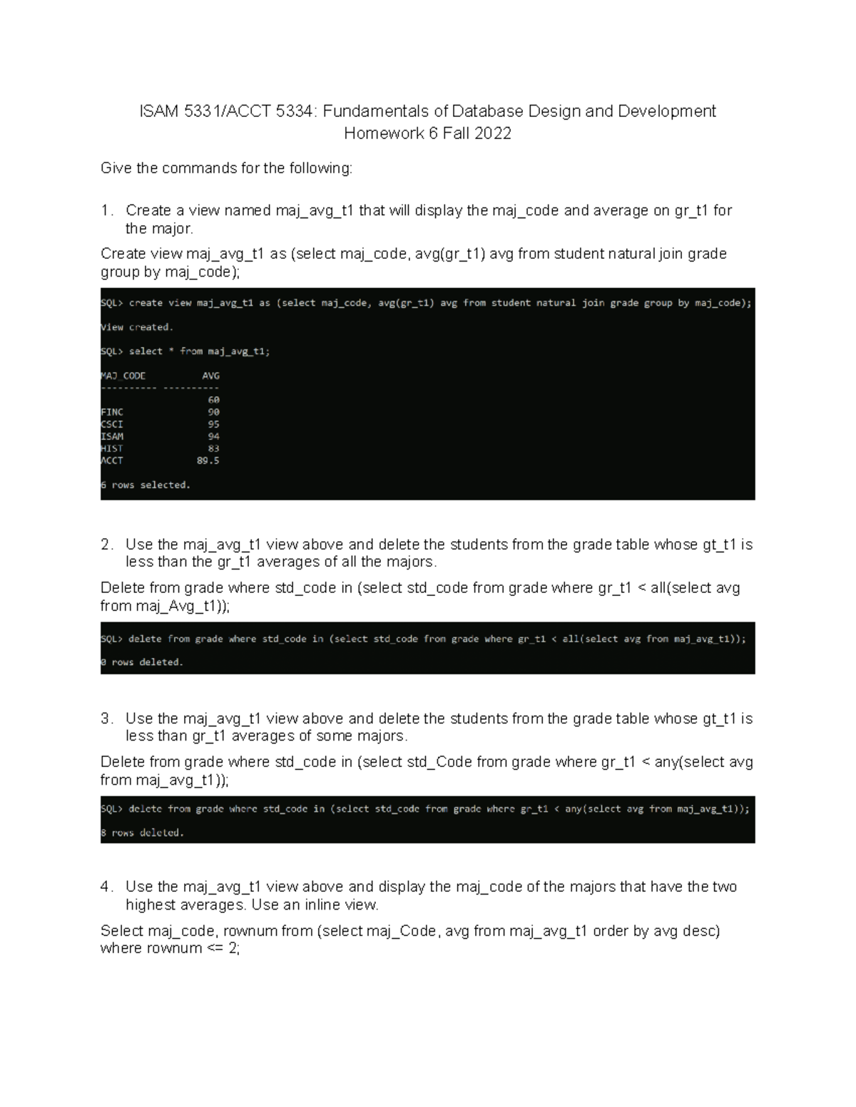 ISAM 5334: Fundamentals of Database Design and Development Homework 6 ...