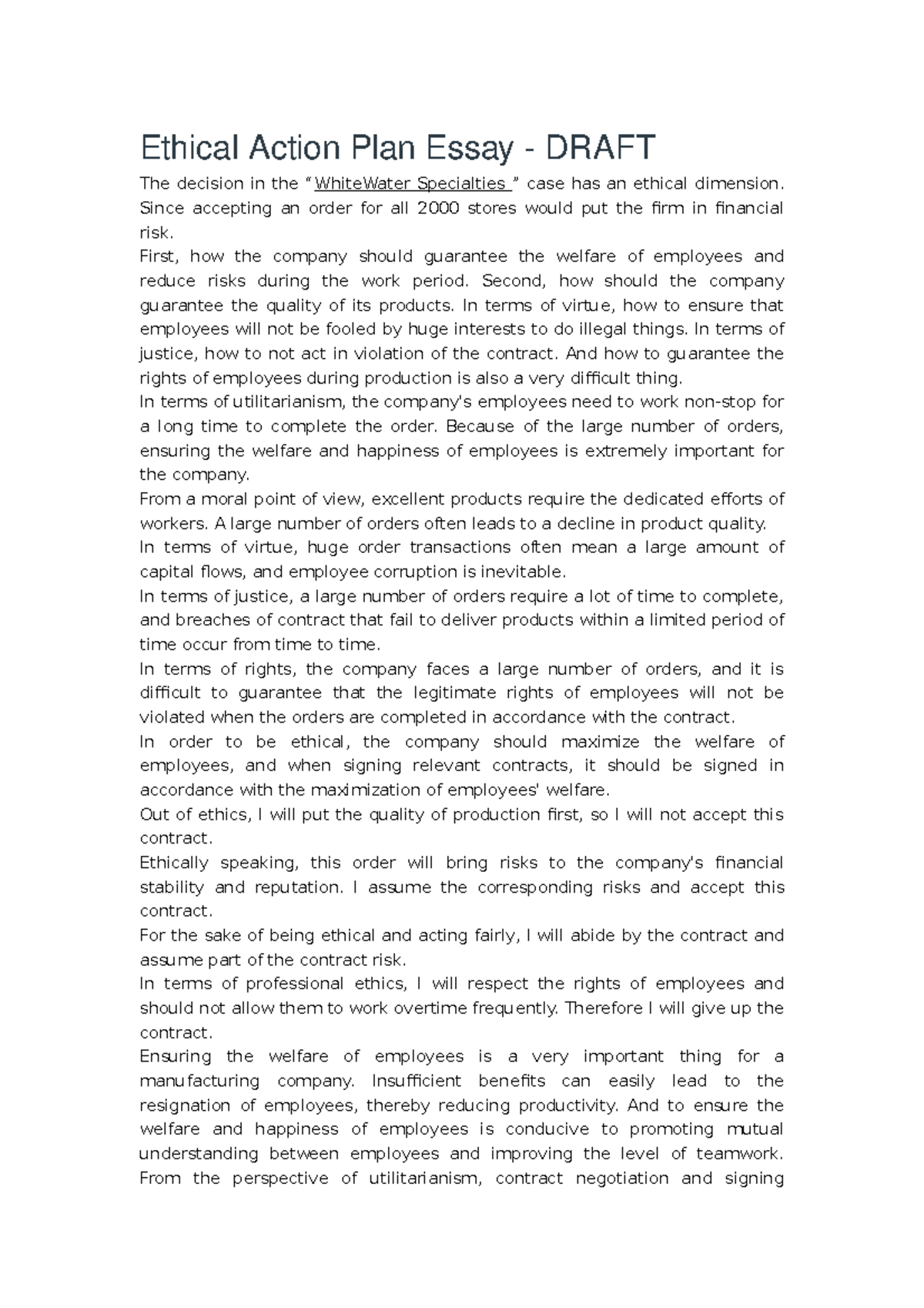 Ethical Action Plan Essay Draft Ethi Cal Acti On Pl An Essay DRAFT