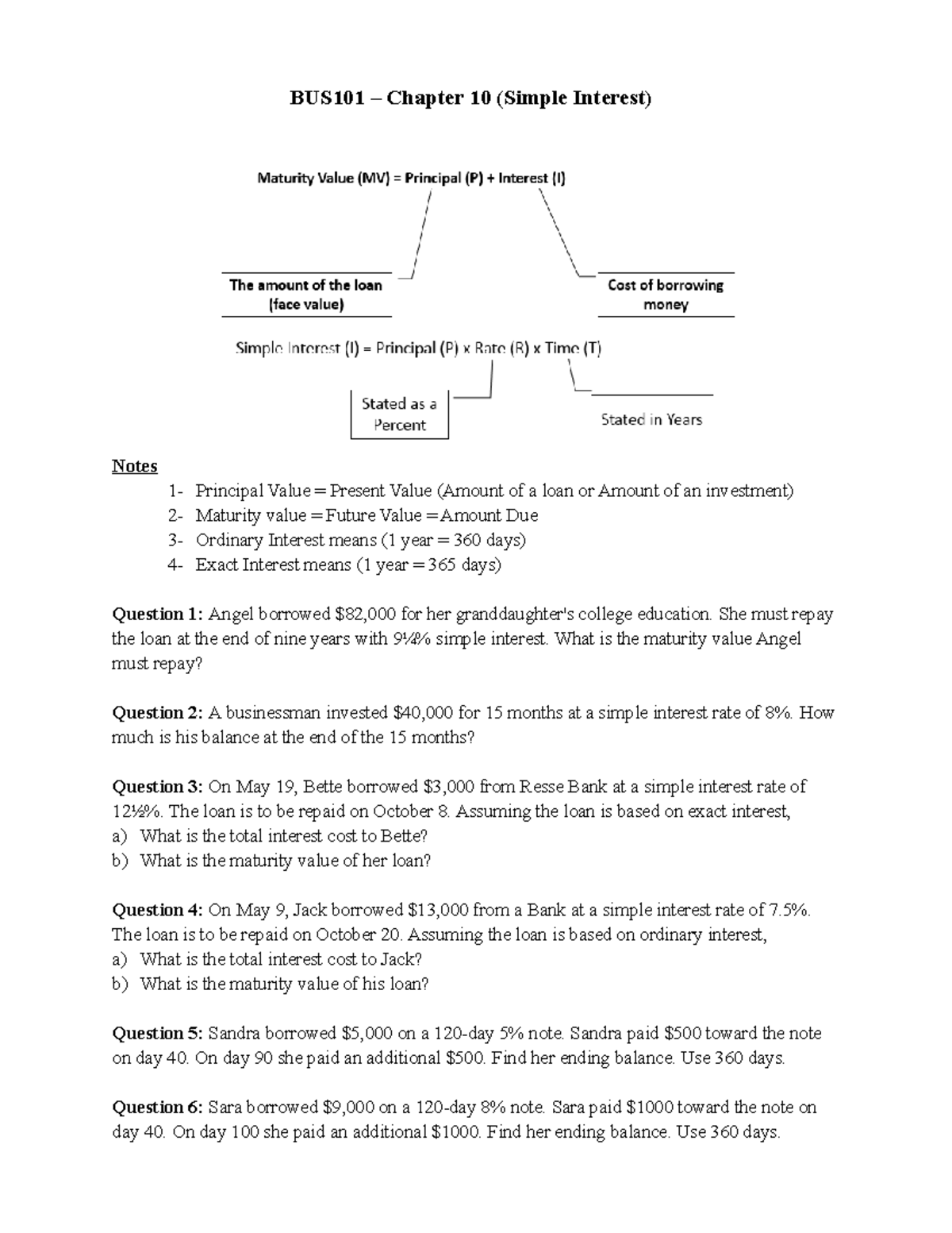 BUS101-Chapter 10 (Simple Interest) - BUS101 – Chapter 10 (Simple ...