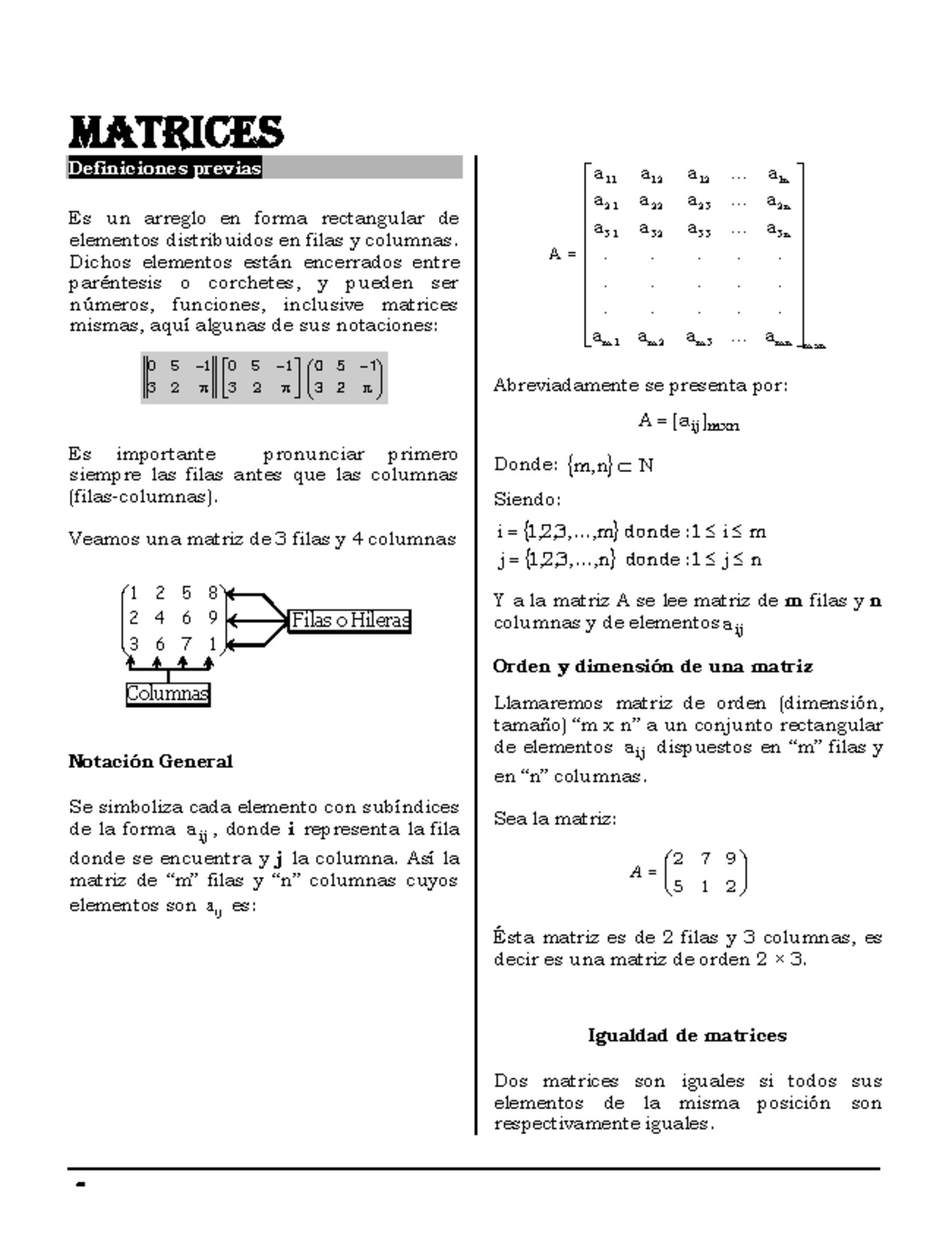 Matrices 1-15 - MATRICES Definiciones previas Es un arreglo en forma ...