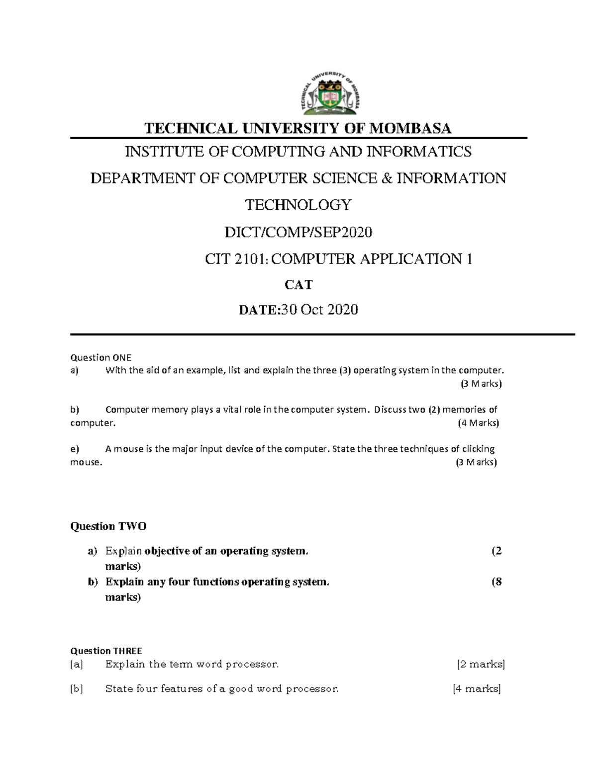 CAT Computer Applications - TECHNICAL UNIVERSITY OF MOMBASA INSTITUTE OF COMPUTING AND ...