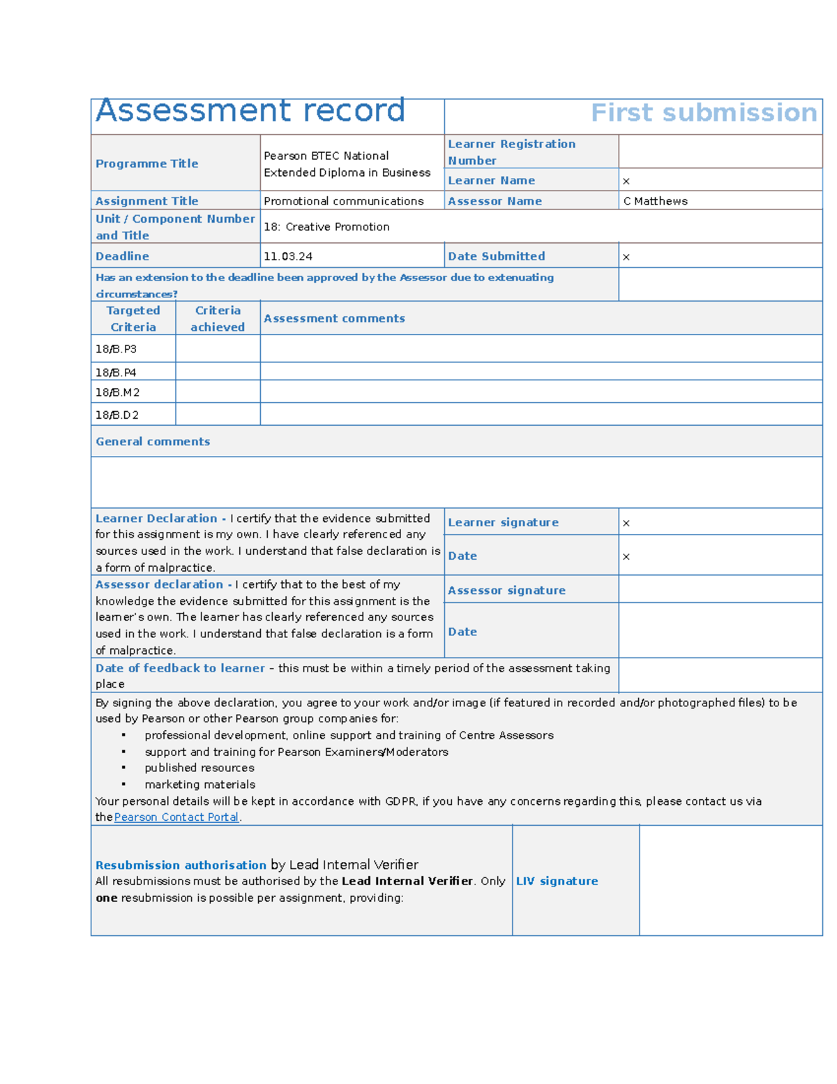 Coversheet & report - Assessment record First submission Programme Title Pearson BTEC National ...