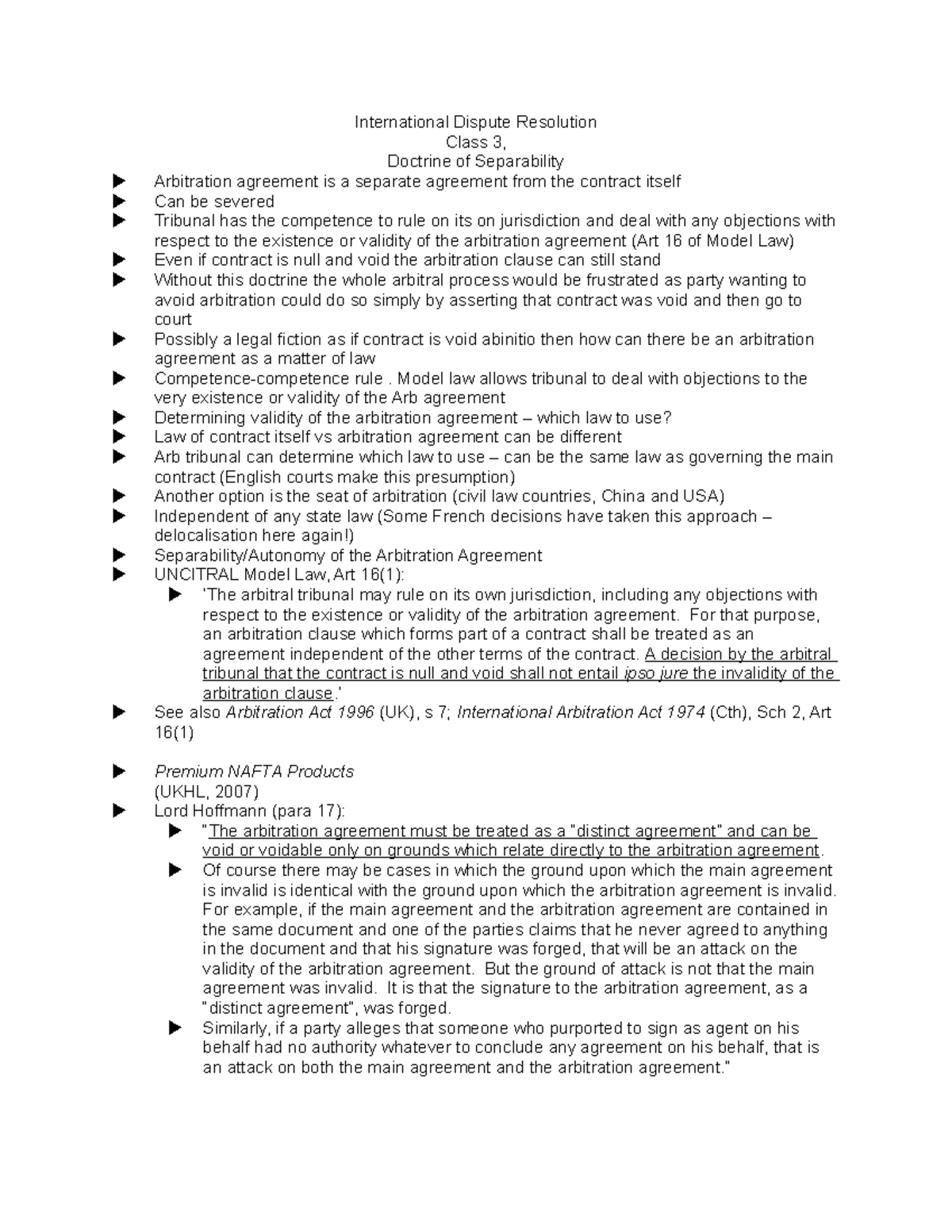 Class 3 - notes - International Dispute Resolution Class 3, Doctrine of ...