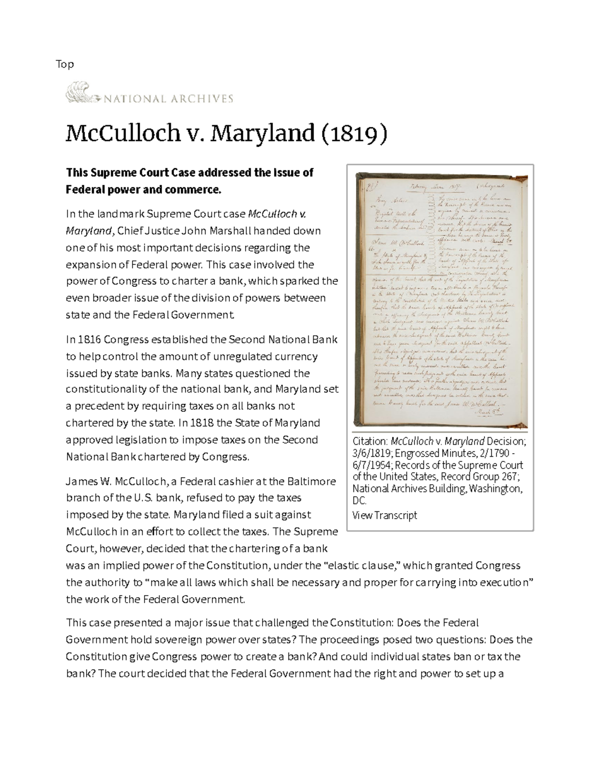 Mc Culloch v. Maryland (1819) - Top Citation: McCulloch v. Maryland ...