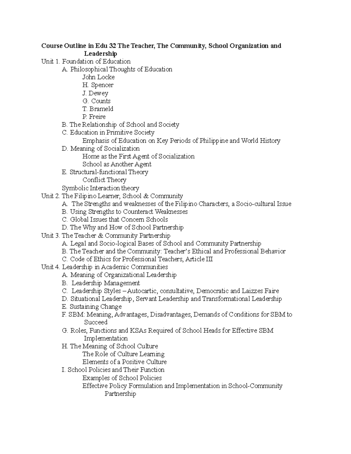 Course Outline in Edu 32 The Teacher The Community School Organization ...