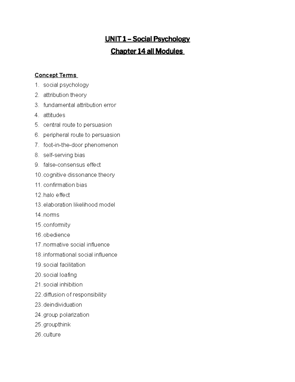 UNIT 1 Study Packet - yuh - UNIT 1 – Social Psychology Chapter 14 all ...