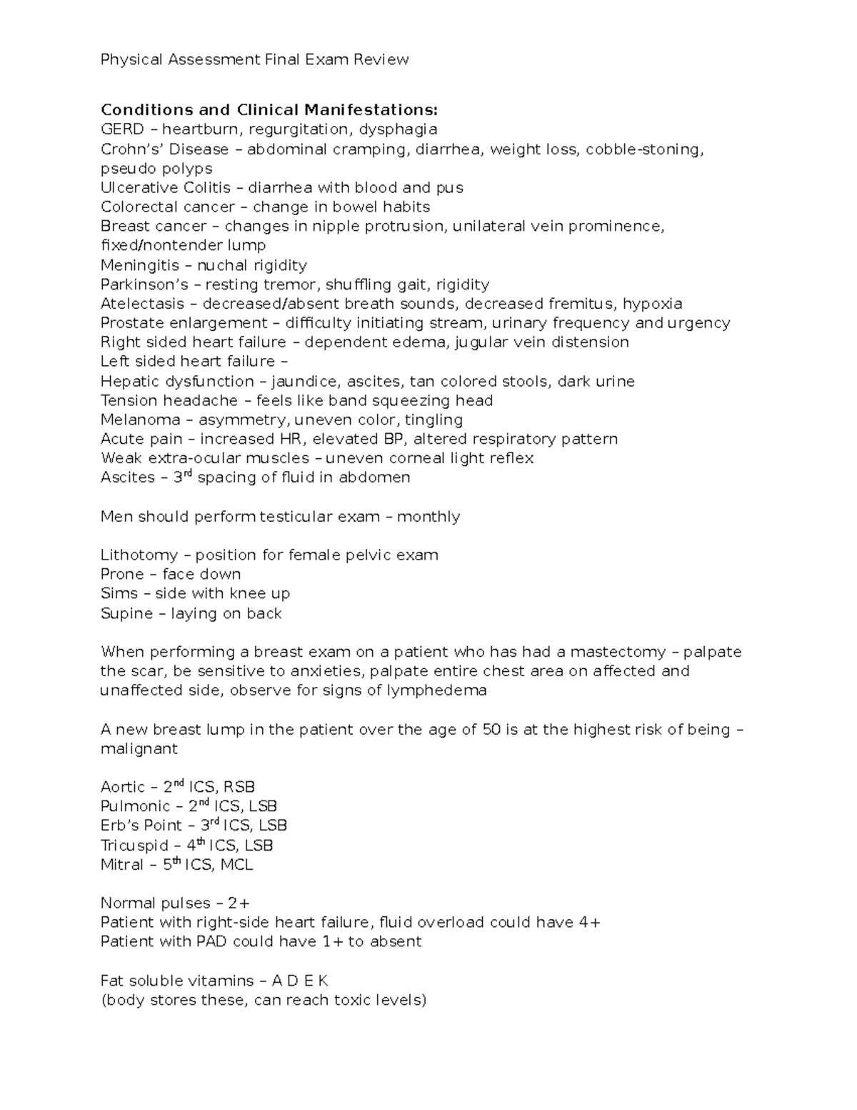 PA Final Exam Review - Physical Assessment Final Exam Review Conditions ...