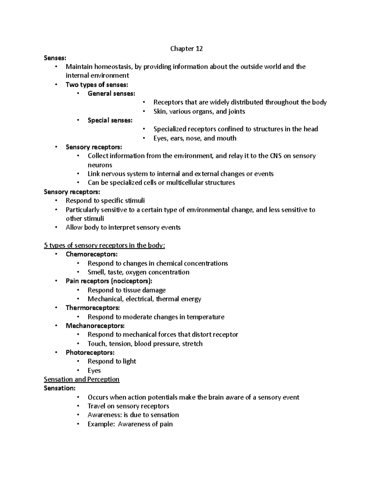 Chapter 12 - notes - Chapter 12 Senses: Maintain homeostasis, by ...