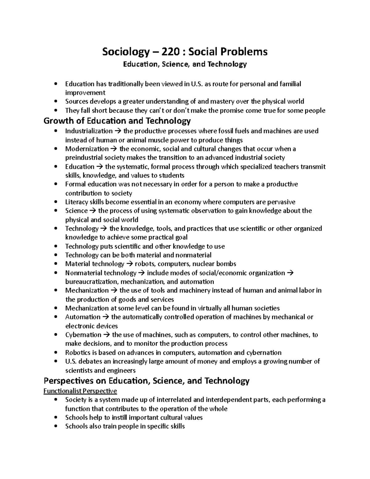 Education, Tech - notes - Sociology – 220 : Social Problems Education ...