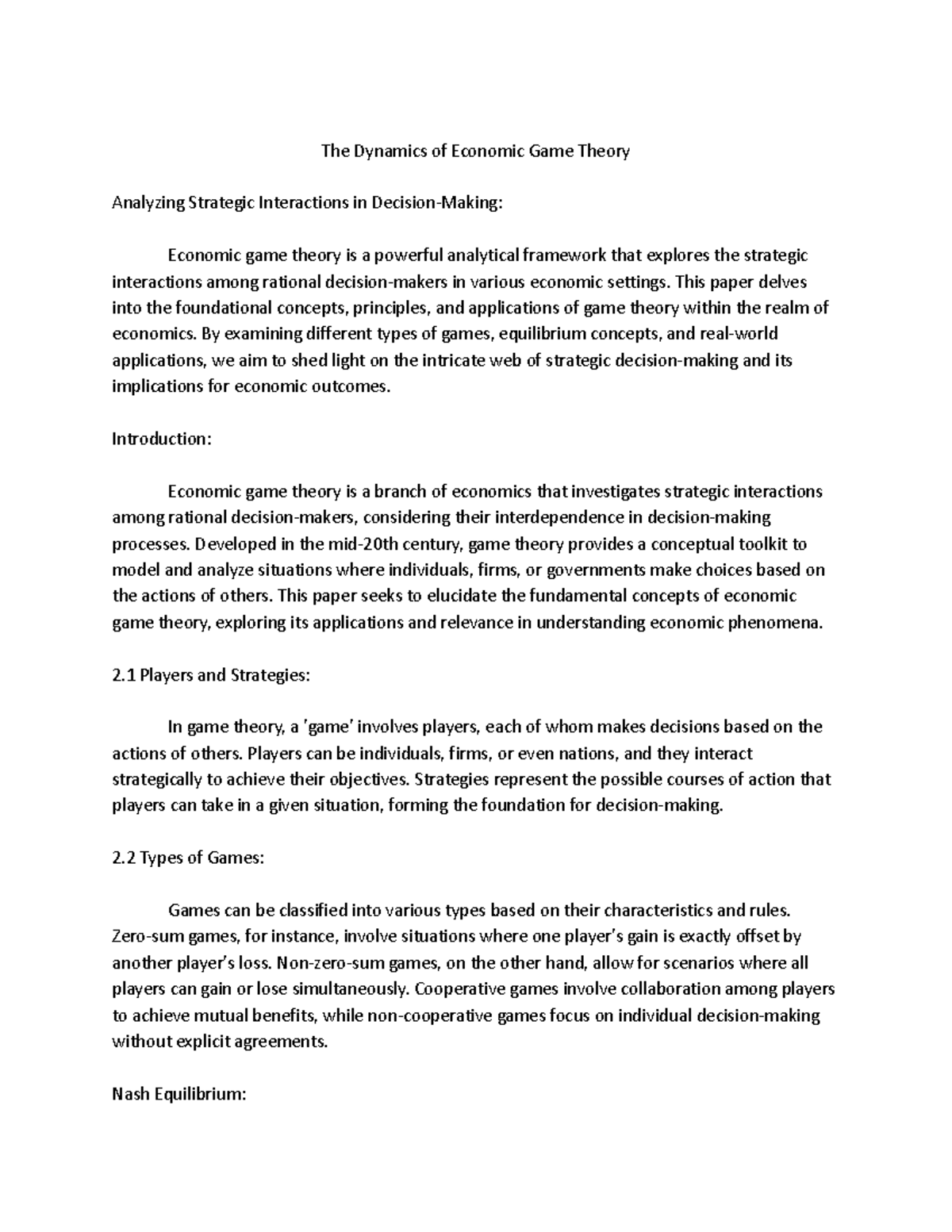 The Dynamics of Economic Game Theory - The Dynamics of Economic Game ...