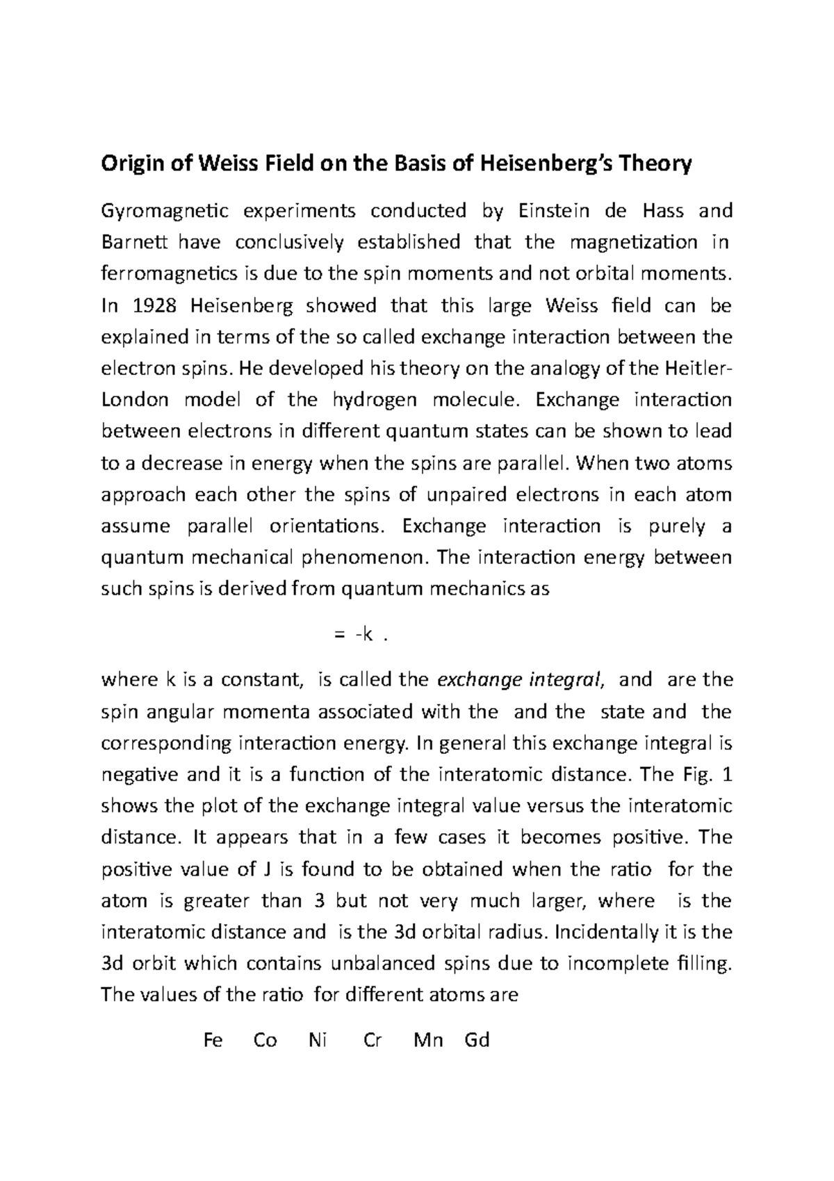 Origin of Weiss Field on the Basis of Heisenberg - In 1928 Heisenberg ...