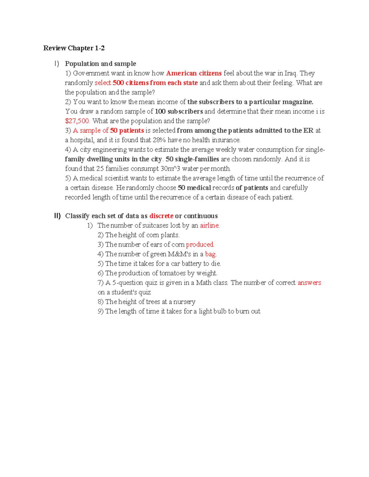 Review Chapter 2 - . Statistics & Probability (MAS291) - Review Chapter 1- I) Population and ...