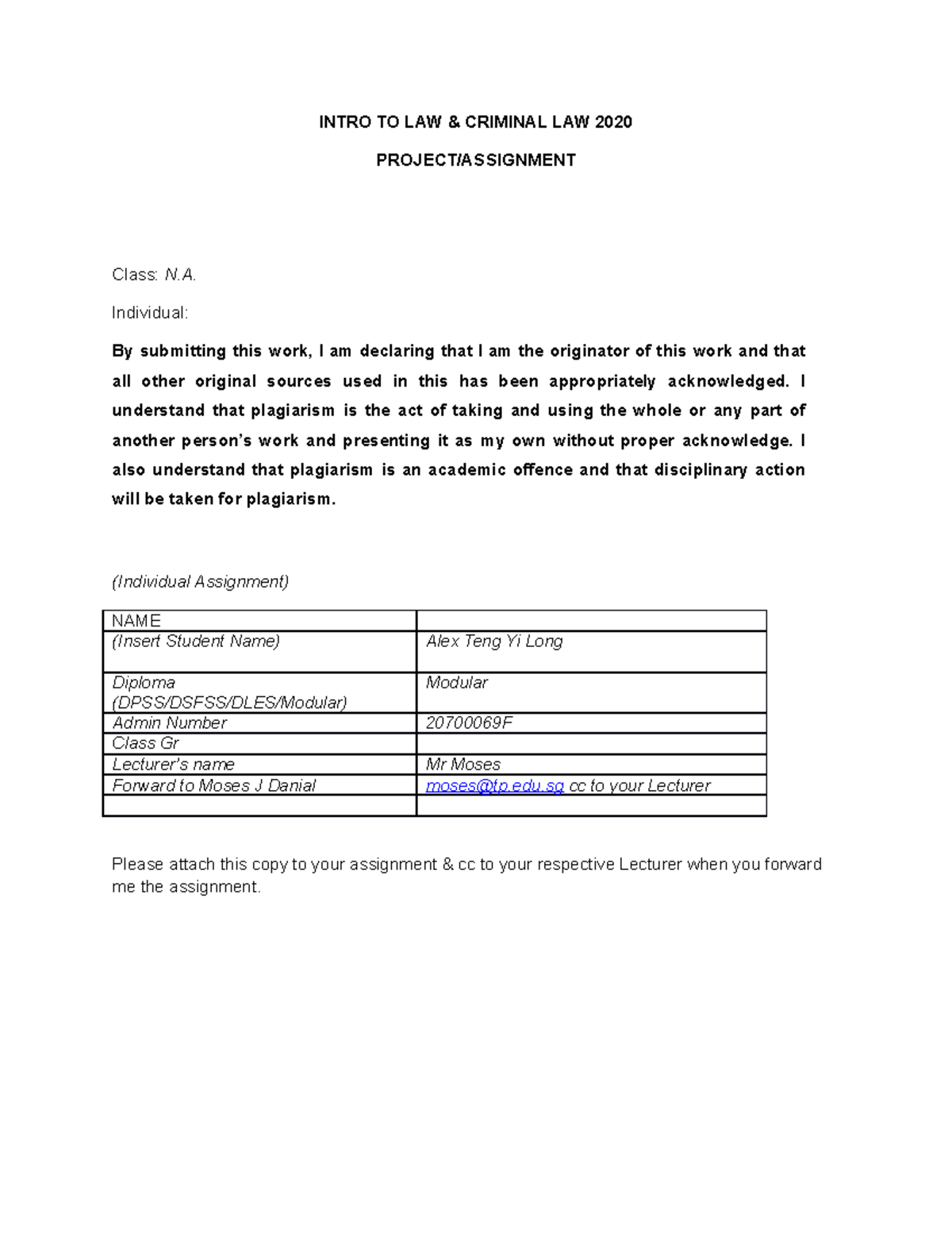 Criminal Law Modular Assignment 1 - INTRO TO LAW & CRIMINAL LAW 2020 ...
