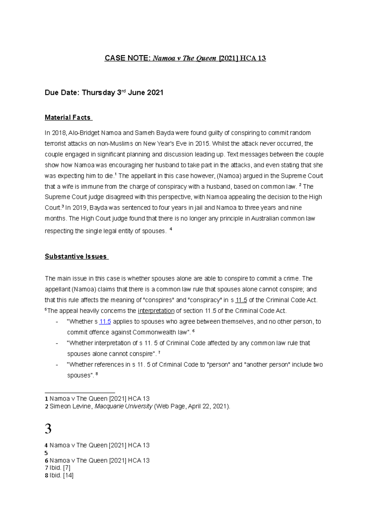 LLB101 Case Note Assignment - CASE NOTE: Namoa v The Queen [2021] HCA ...