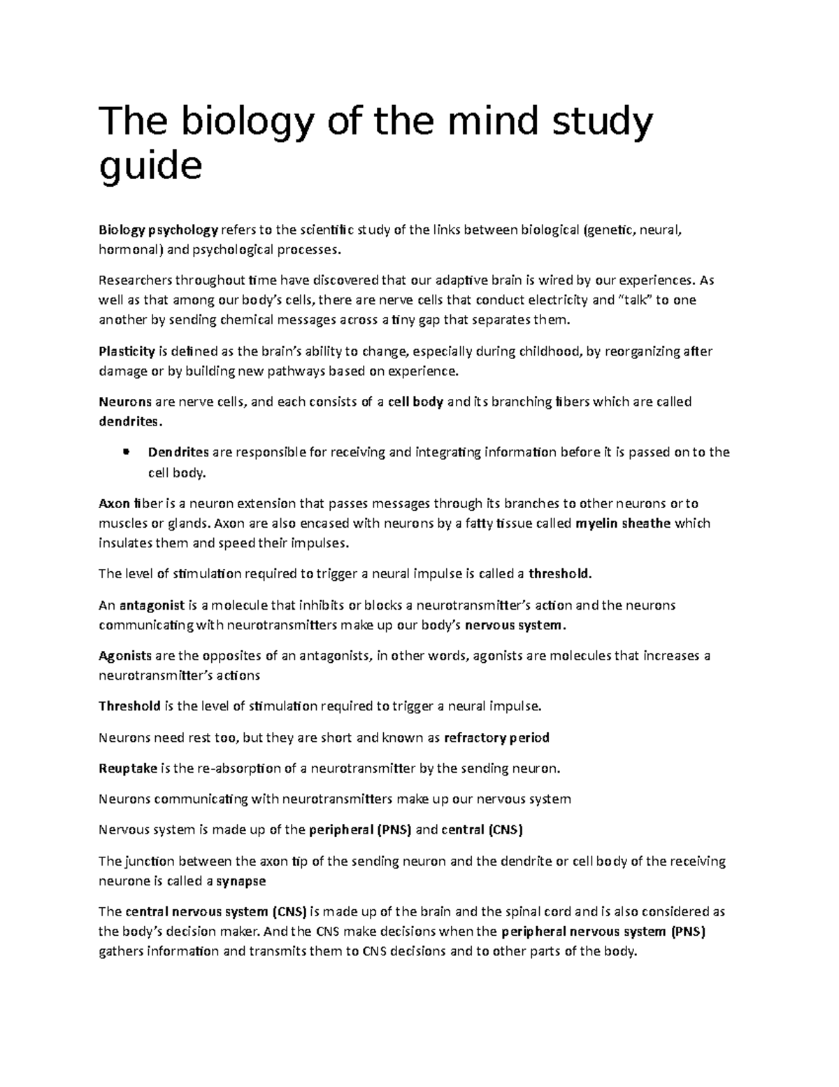The biology of the mind study guide - The biology of the mind study ...