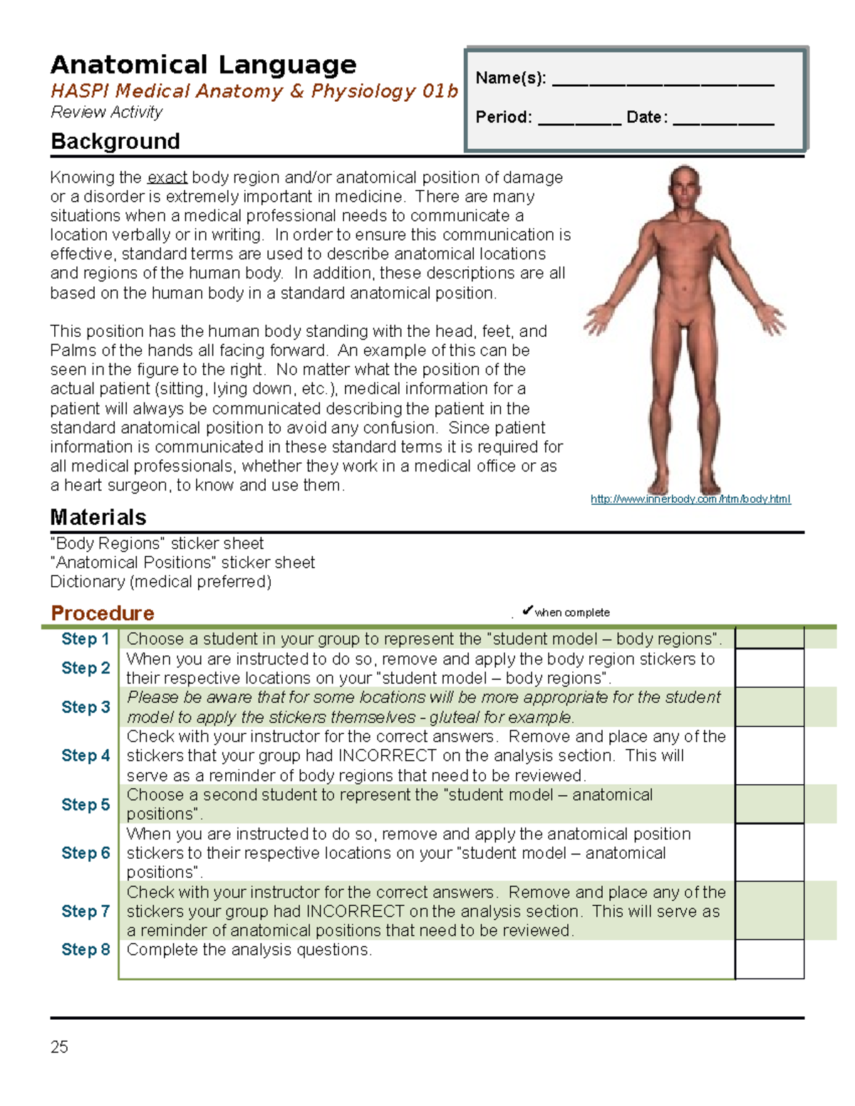 01b Anatomical Language Activity 1 Anatomical Language HASPI Medical 