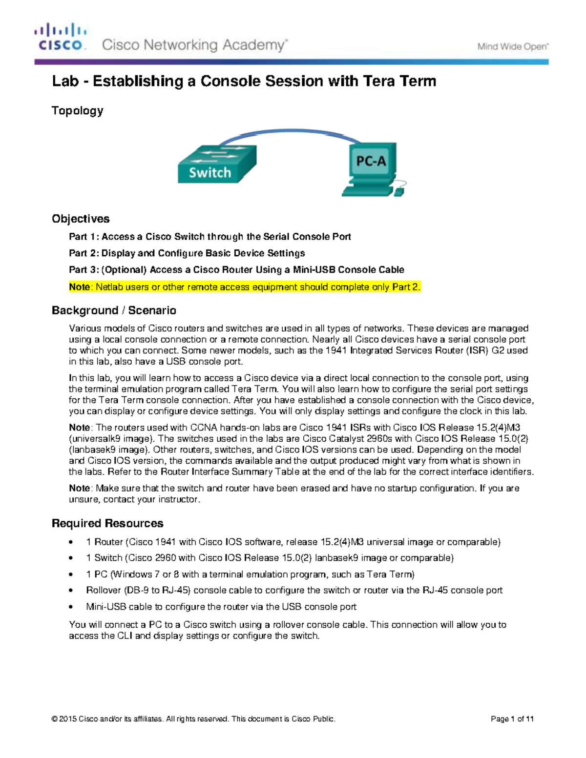 2.1.4.7 Lab - Establishing a Console Session with Tera Term - Topology ...