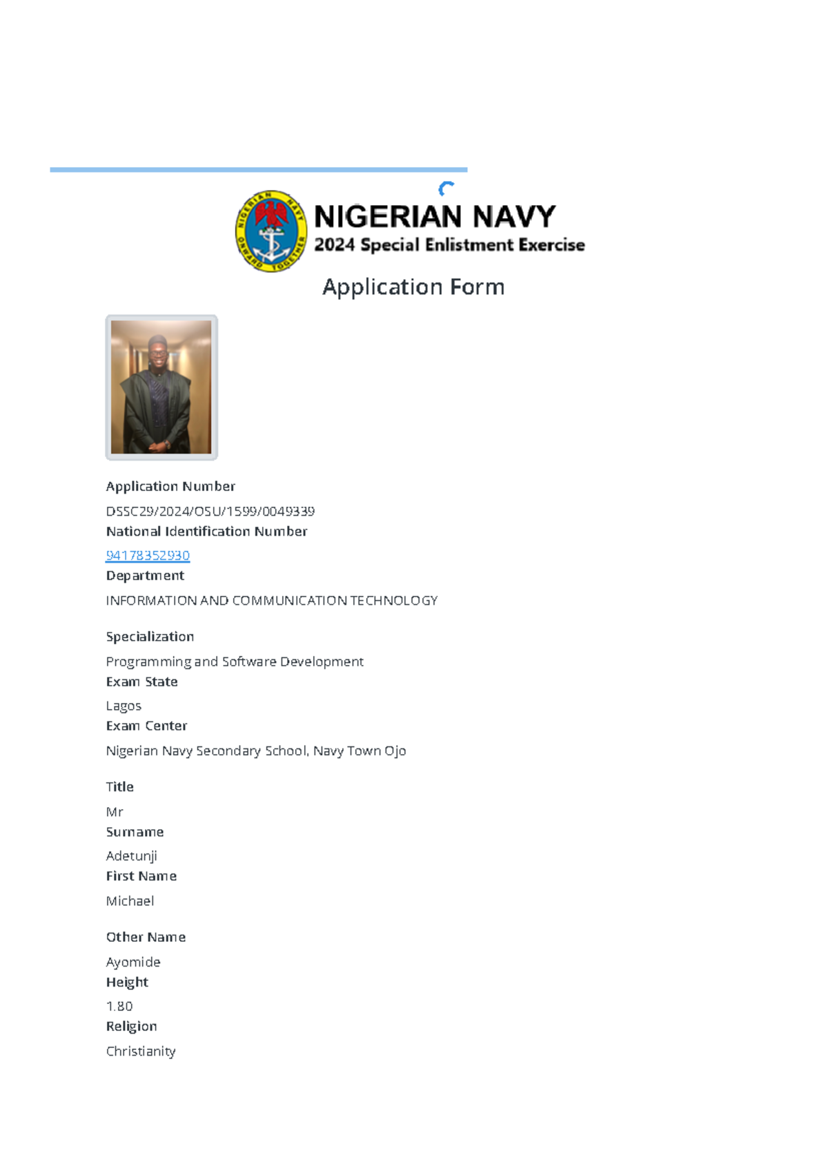 Navy Print - Application Form Application Number DSSC29/2024/OSU/1599 ...