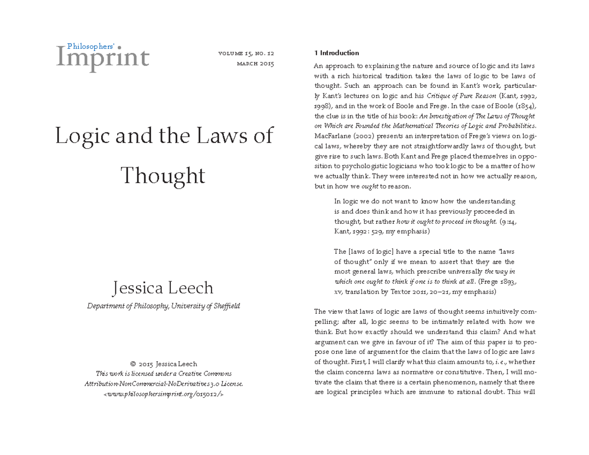 Logic and the laws of thought - volume 15 , no. 12 march 2015 Logic and ...