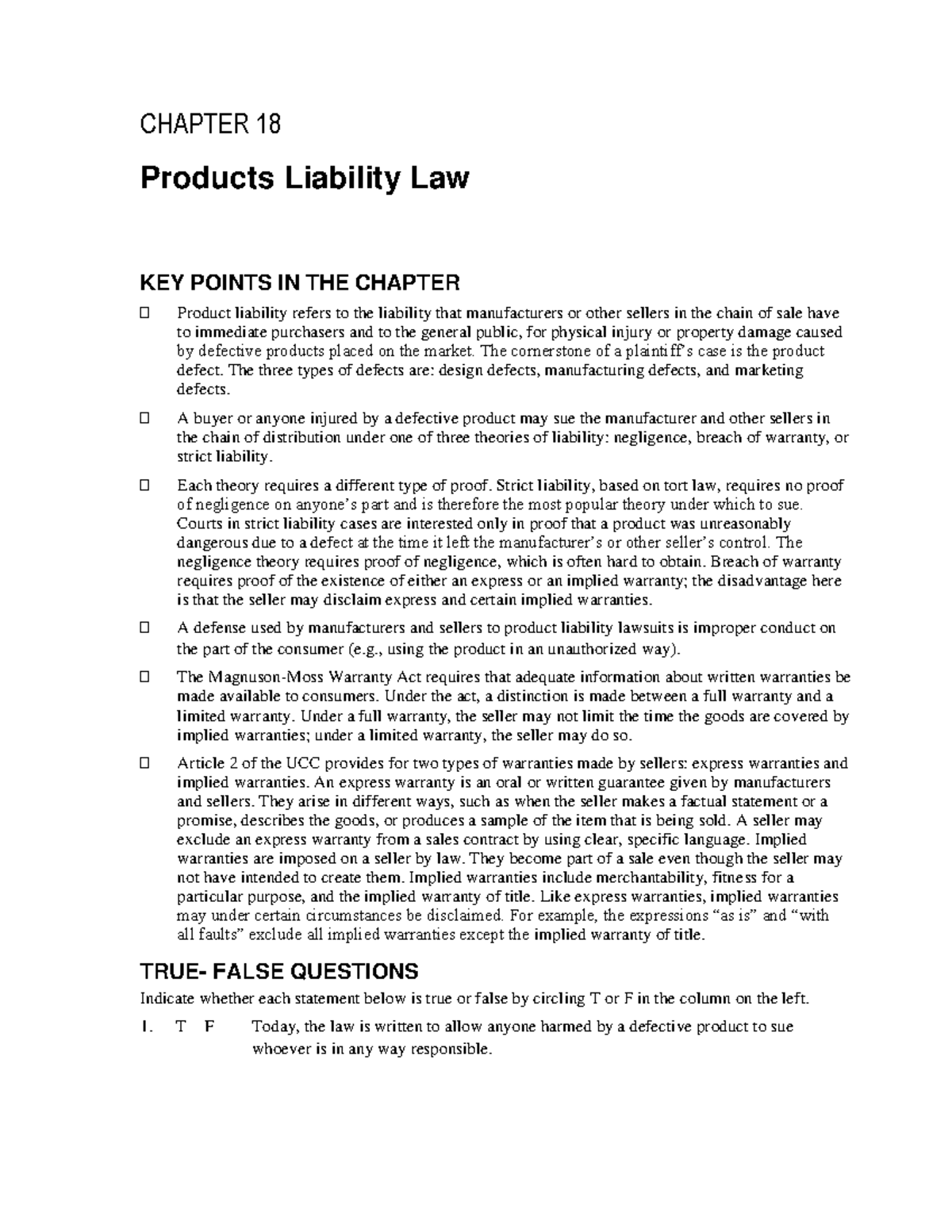 Ch18 Products Liability Law - CHAPTER 18 Products Liability Law KEY ...
