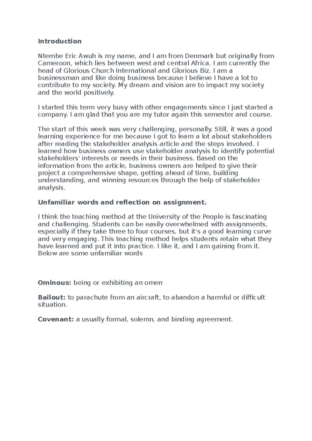 BUS 3306 - Learning Journal Unit 1 - Introduction Ntembe Eric Awuh is ...